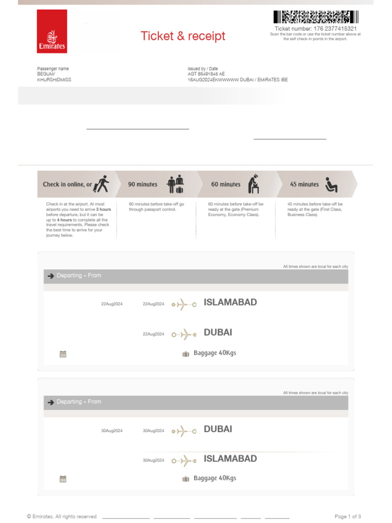 Emirates Ticket 1 | PDF | Baggage | Aviation