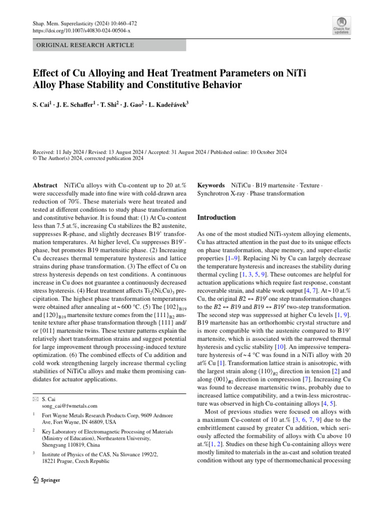 Effect of Cu Alloying and Heat Treatment Parameters On Niti Alloy Phase ...