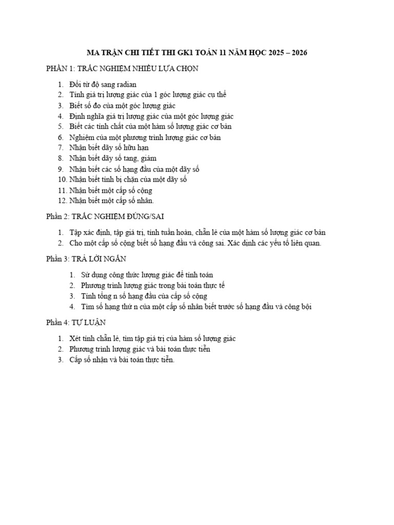 Ma Trận Chi Tiết Thi Gk1 Toán 11 Năm Học 2025 | PDF
