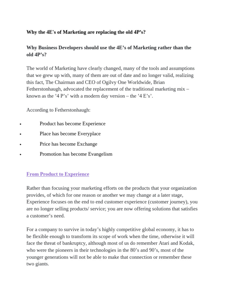 4E's of Marketing vs 4P's Explained | PDF | Marketing | Brand