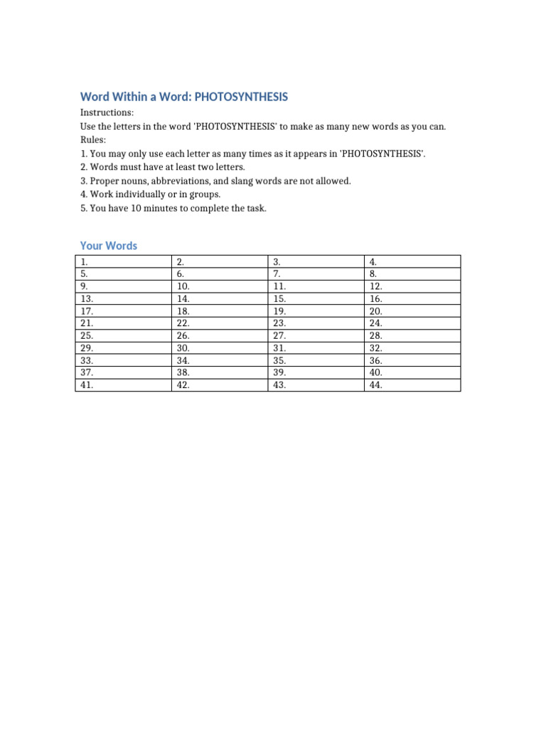 Word Within A Word Photosynthesis | PDF