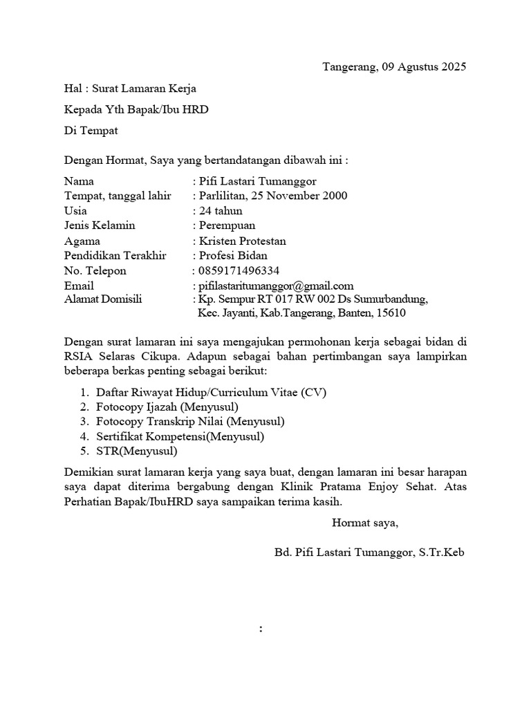 Surat Lamaran Kerja Pifi Rsia Selaras | PDF