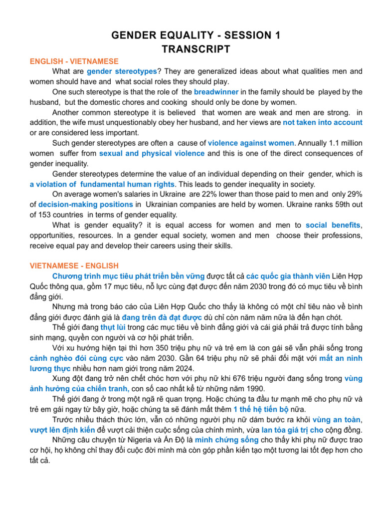 Transcript Gender Equality Session 1 | PDF