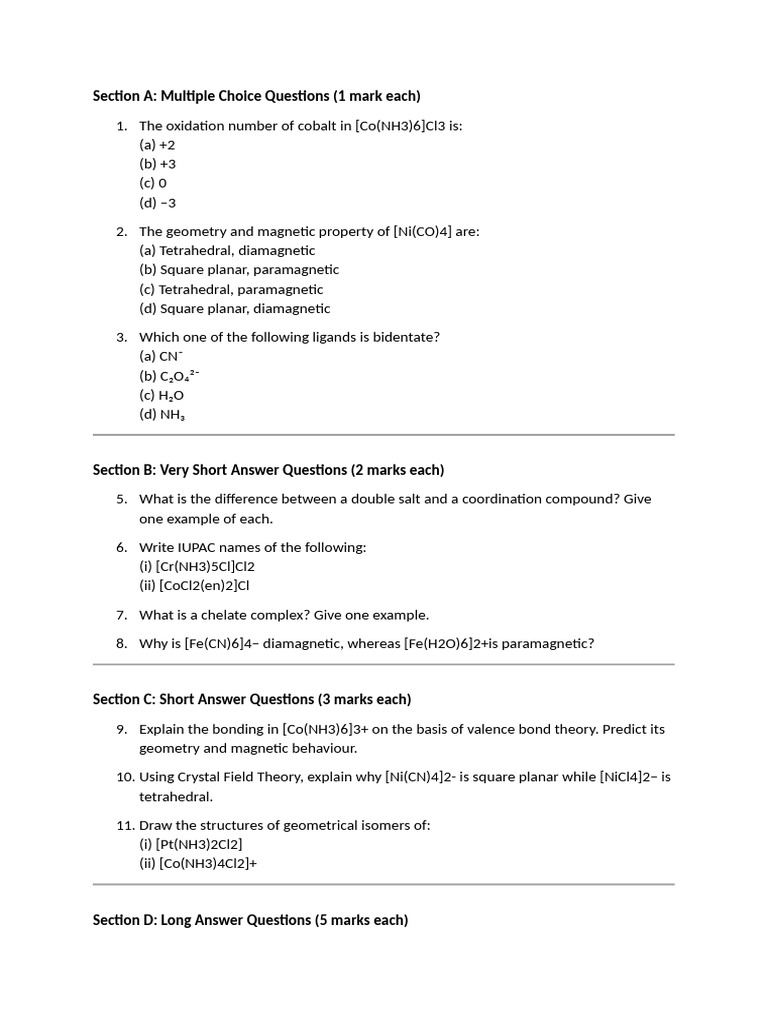Coordination Compounds Worksheet | PDF