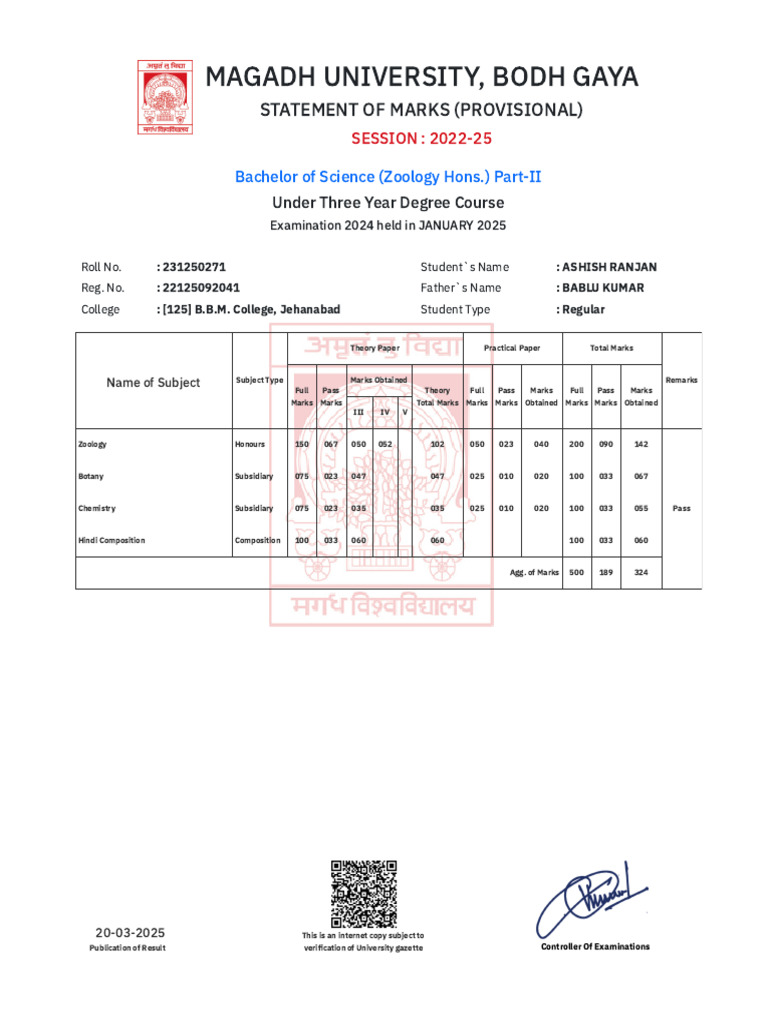 Marksheet _ Magadh University, Bodh Gaya (1) | PDF | Academic Degree | Qualifications
