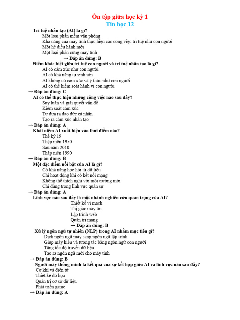 On Tap Giua Hk1 Tin 12 | PDF