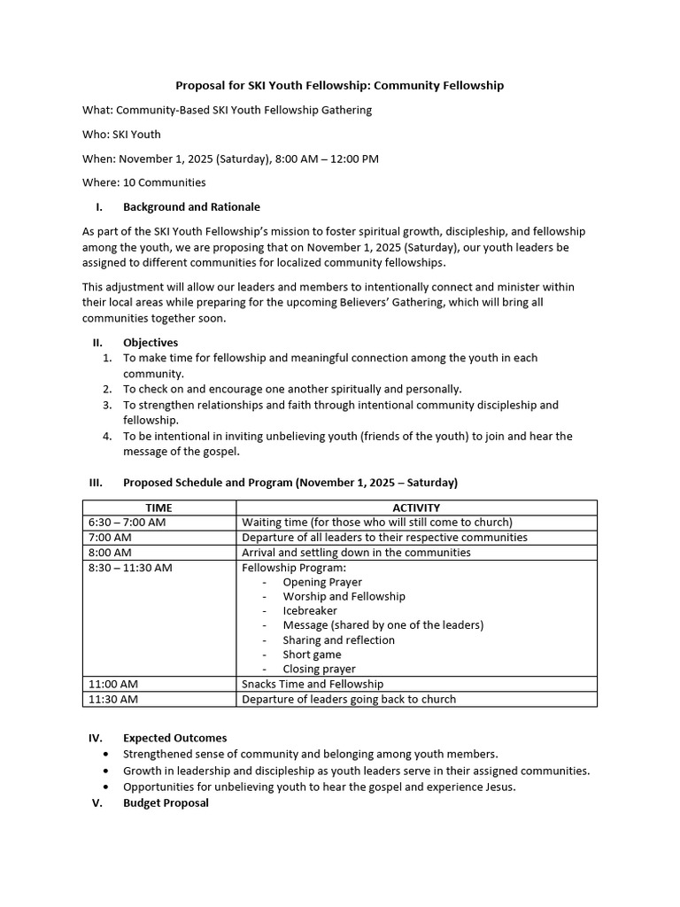 Proposal For SKI Youth Fellowship NOV 1 | PDF