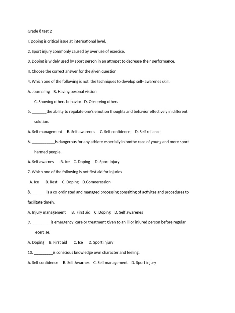 Grade 7 & 8 Sports and First Aid Test | PDF | First Aid | Psychology