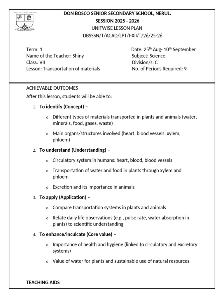 Science Lesson Plan: Material Transport | PDF | Circulatory System | Blood