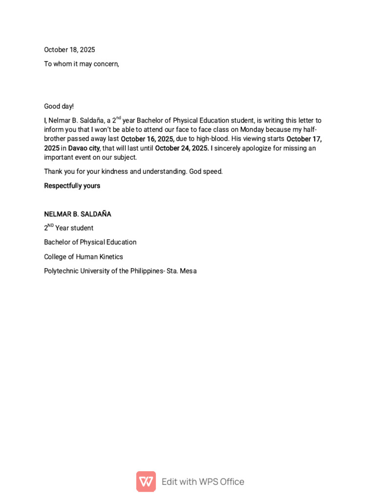 Nelmar Excuse-Letter | PDF