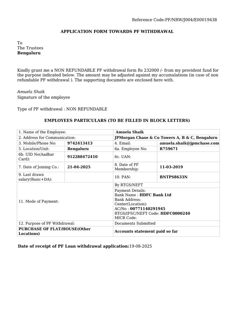 PF Withdrawal Application Form | PDF