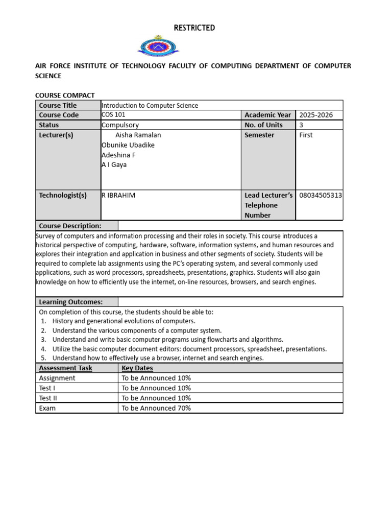 Cos 101 2025 2026 Course Compact | PDF | Programming | Computer Program