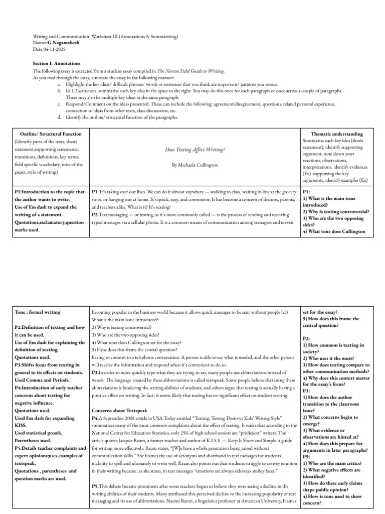 Annotation & Summarizing Worksheet | PDF | Text Messaging | Essays
