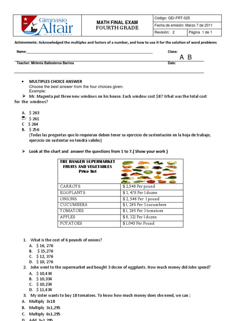 Fourth Grade Math Final Exam Guide | PDF | Fraction (Mathematics) | Cuisine