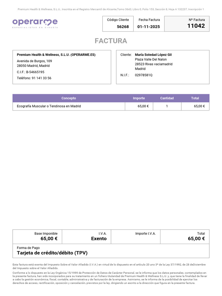 Factura: 65,00 Exento 65,00 Tarjeta de Crédito/débito (TPV) | PDF ...