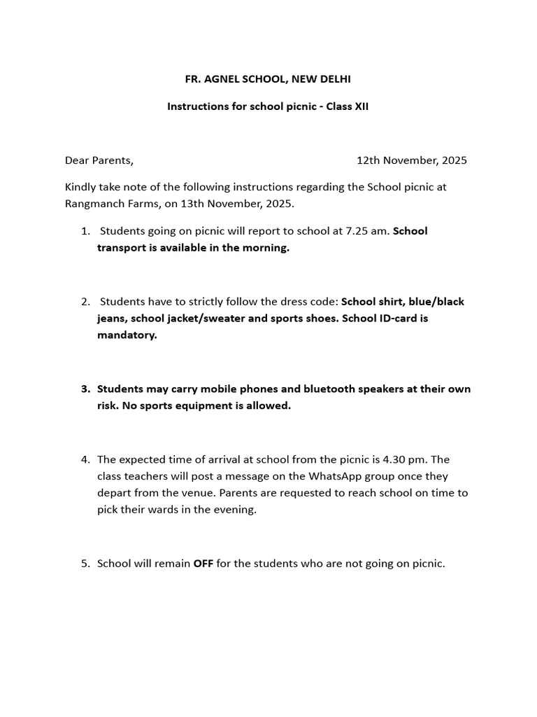 Instructions For School Picnic Class XII | PDF