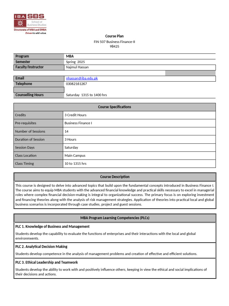 CourseOutline 98425 Spring BF2-2025 2 | PDF | Capital Structure | Master Of Business Administration