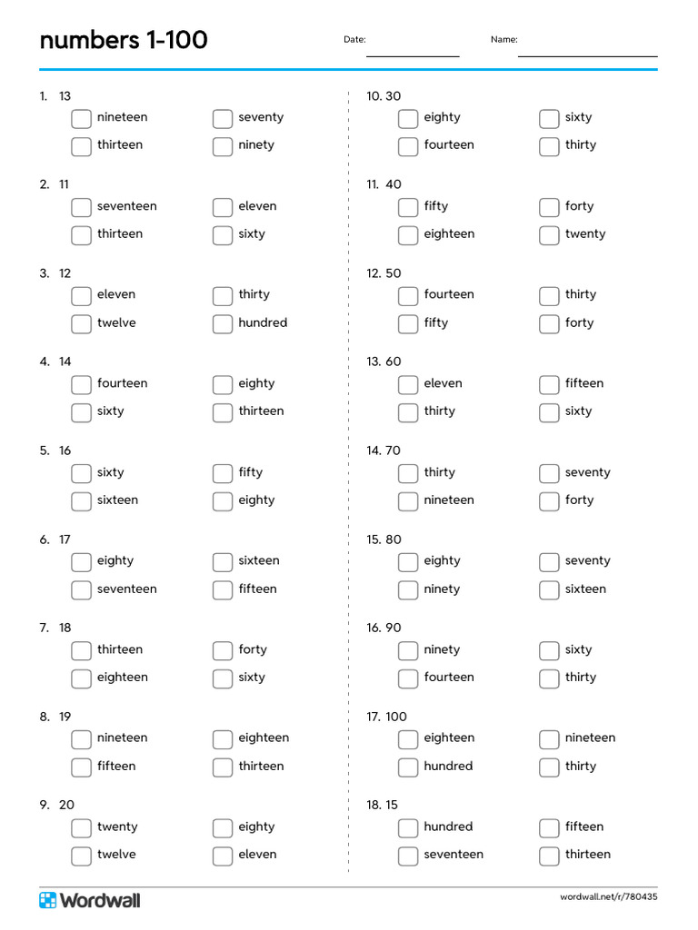 Number Words from 1 to 100 | PDF