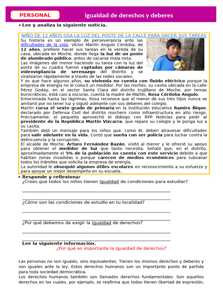 D1 A2 FICHA PS. Igualdad de derechos y deberes | PDF | Derechos humanos | Derechos