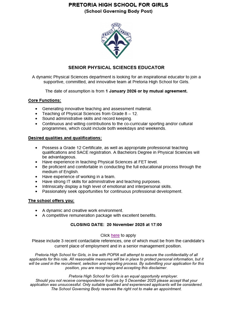 Senior Physical Sciences Teacher Role | PDF