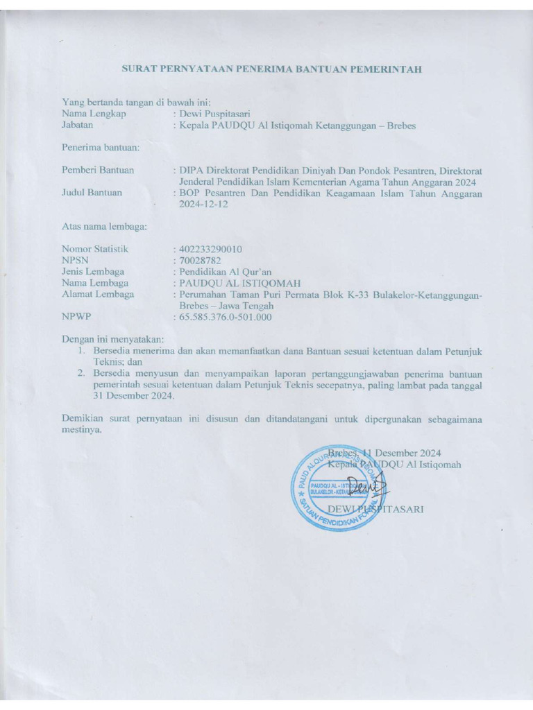 003 File Surat Pernyataan Penerima Bantuan Pemerintah | PDF