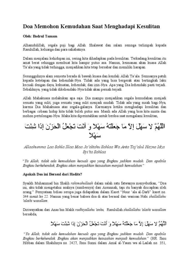 Doa Memohon Kemudahan Saat Menghadapi Kesulitan | PDF