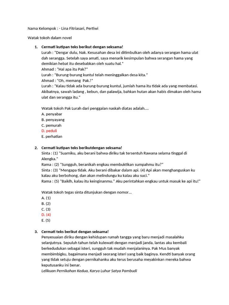 SOAL Watak Tokoh DLM Novel | PDF