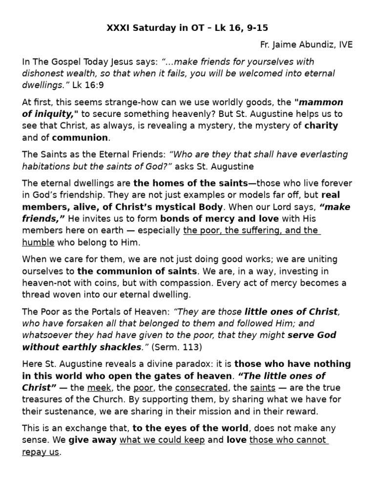 XXXI Saturday in OT – Lk 16, 9-15 | PDF | Eternal Life (Christianity ...