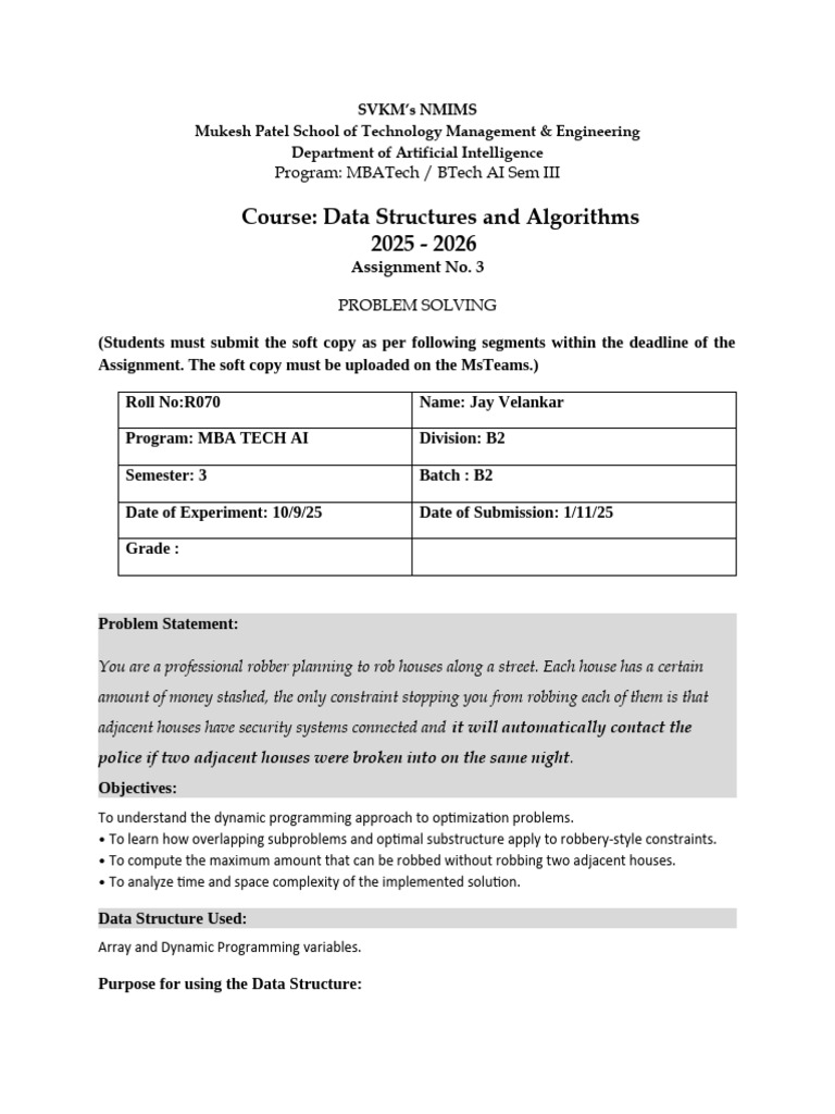 Dsa Assignment No. 3_r070_jay | PDF | Dynamic Programming | Artificial Intelligence