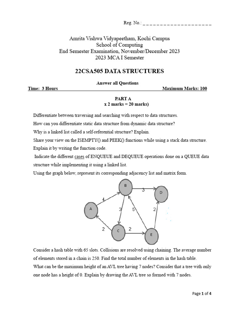 22CSA505 - Data Structures - Nov-Dec 2023 | PDF | Algorithms | Computer Programming