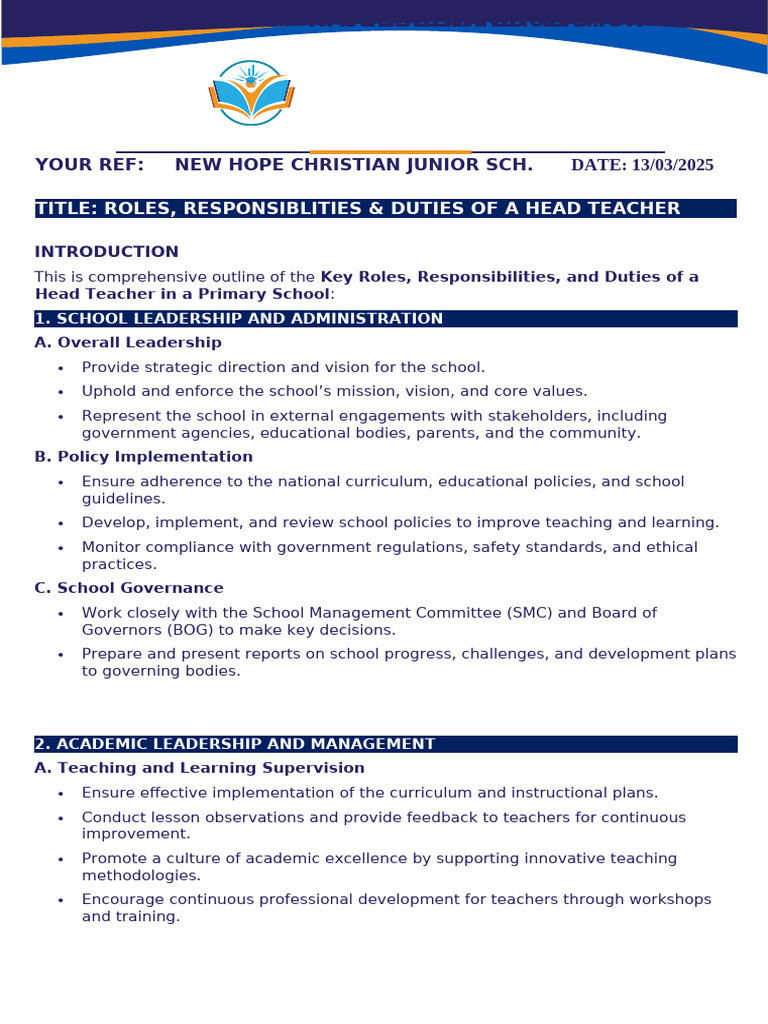 Head Teacher Roles & Responsibilities Guide | PDF | Mentorship | Teachers