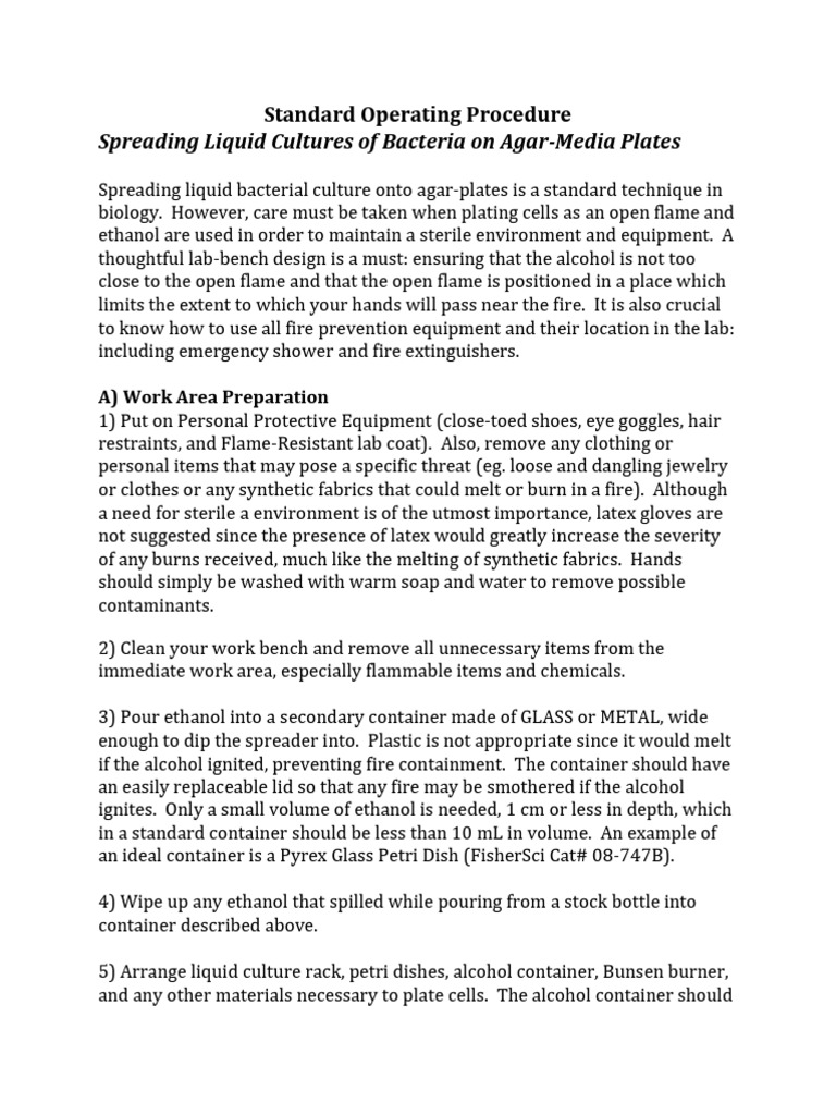Bacterial Culture Plating SOP | PDF | Ethanol | Fires