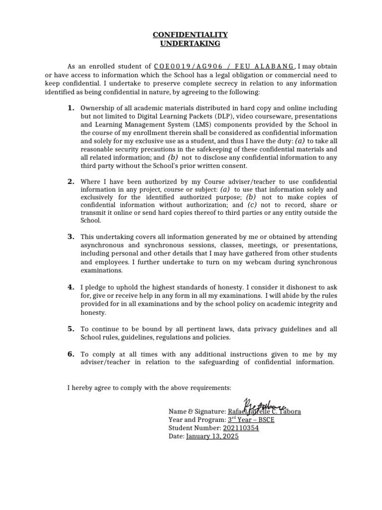 Tabora - Confidentiality Undertaking Student | PDF | Confidentiality ...