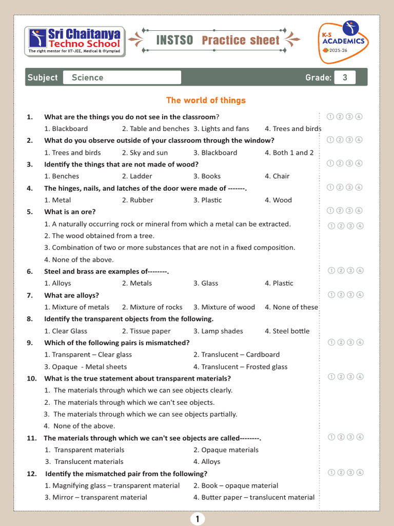 Science - Grade-3 - INSTSO - CH - The World of Things (Practice Sheet ...