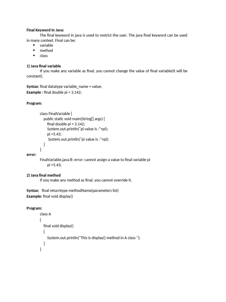 Final Keyword in Java | PDF
