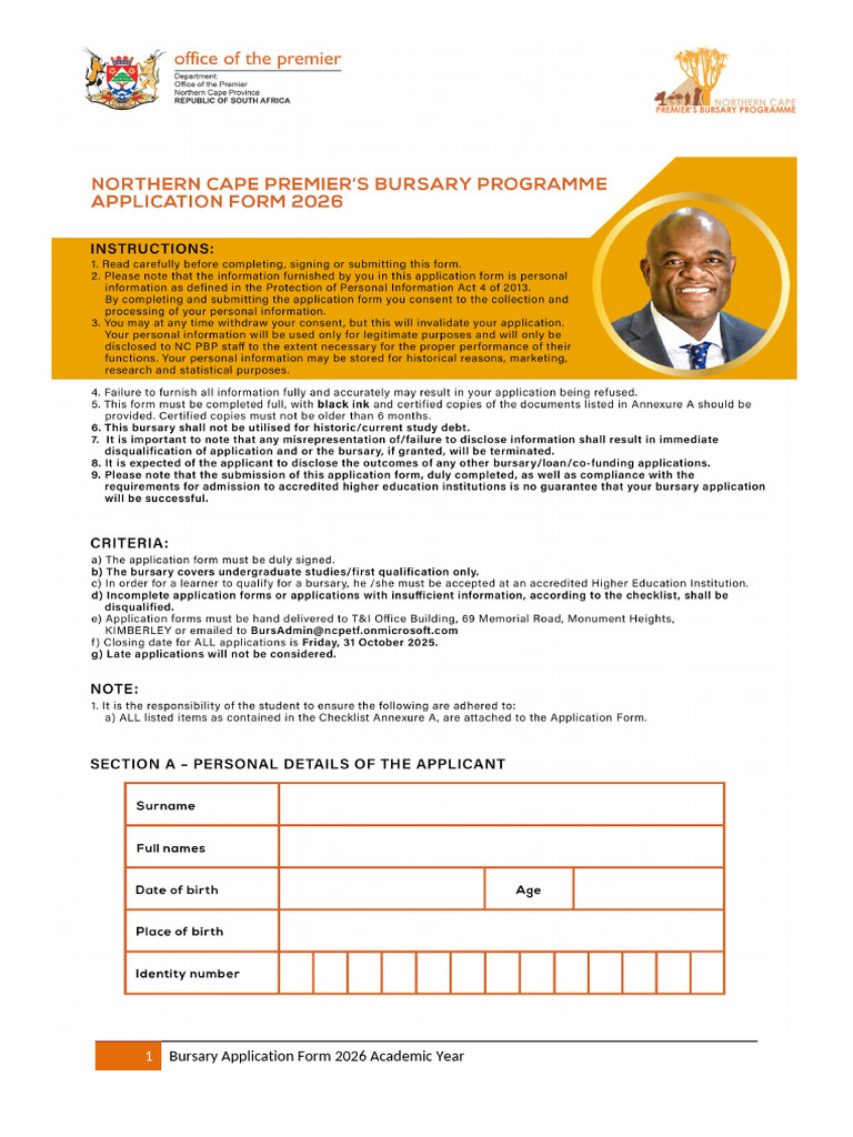 Premier's Bursary Application Form 2026 | PDF
