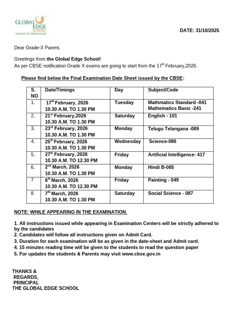 Grade X CBSE Exam Date Sheet 2026 | PDF