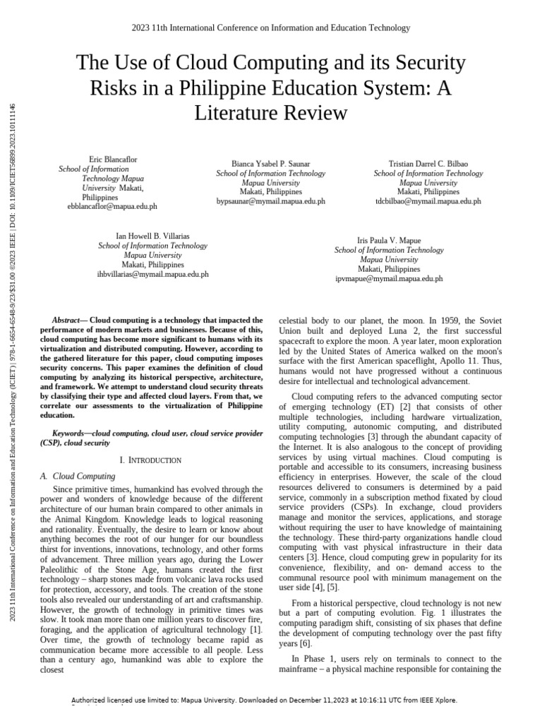 The Use of Cloud Computing and Its Security Risks in A Philippine Education System A Literature ...