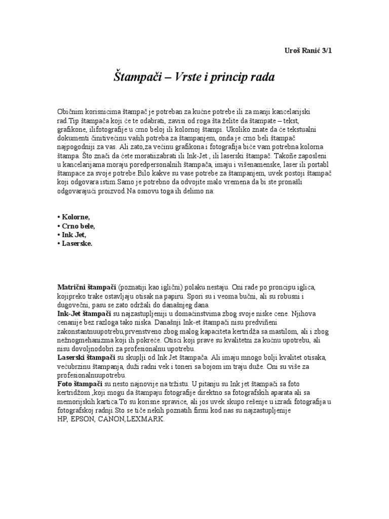 14 Štampači - Vrste I Princip Rada | PDF