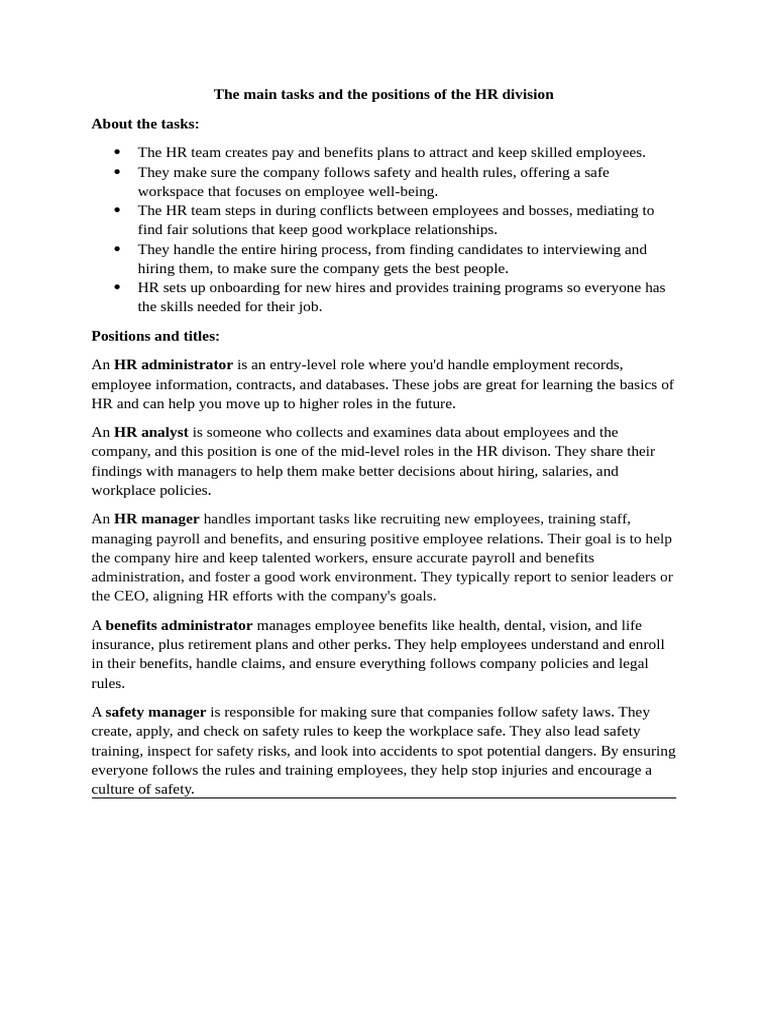 The Main Tasks and The Positions of The HR Division | PDF