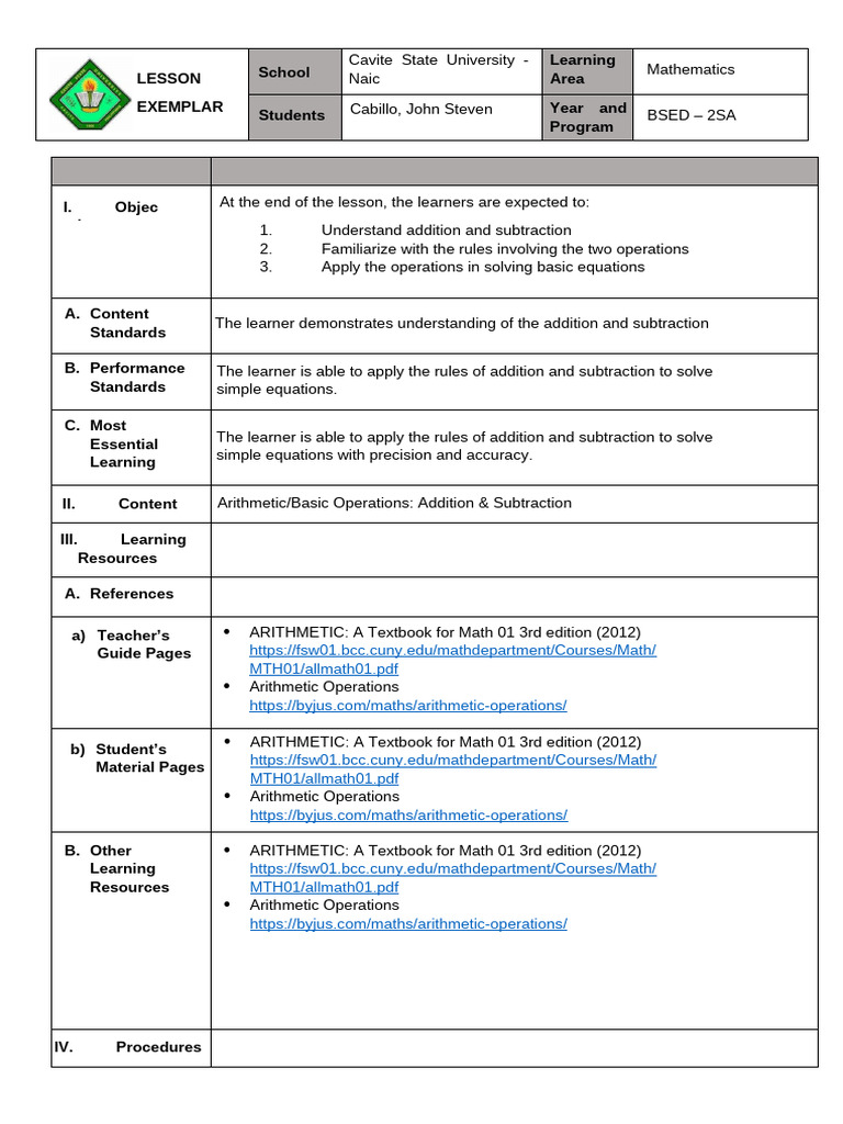 Lesson Plan | PDF | Arithmetic | Mathematics