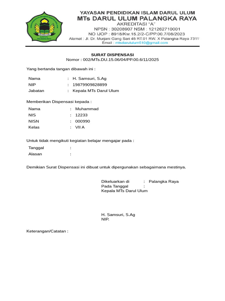 Contoh SURAT DISPENSASI Format Rapi | PDF