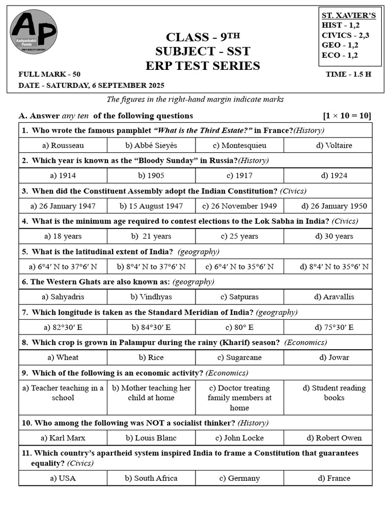 Class 9 SST ERP Test Series Guide | PDF | Socialism | Himalayas