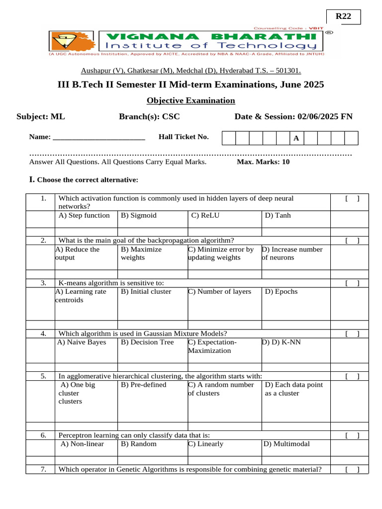 R22 3-2 MID II ML Objective Set 1 | PDF | Cluster Analysis | Algorithms