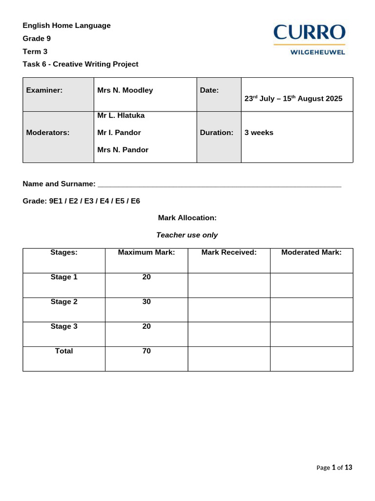 Grade 9 Creative Writing Project Guide | PDF | Novels | Narrative
