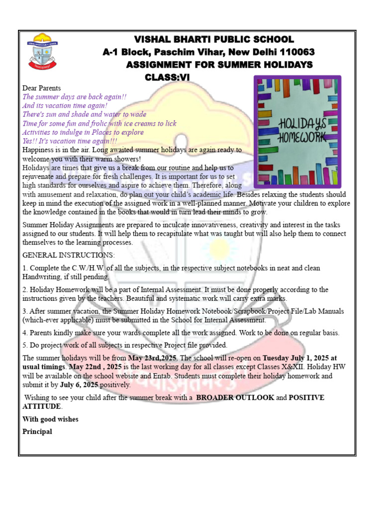Summer Holiday Assignments for Class VI | PDF