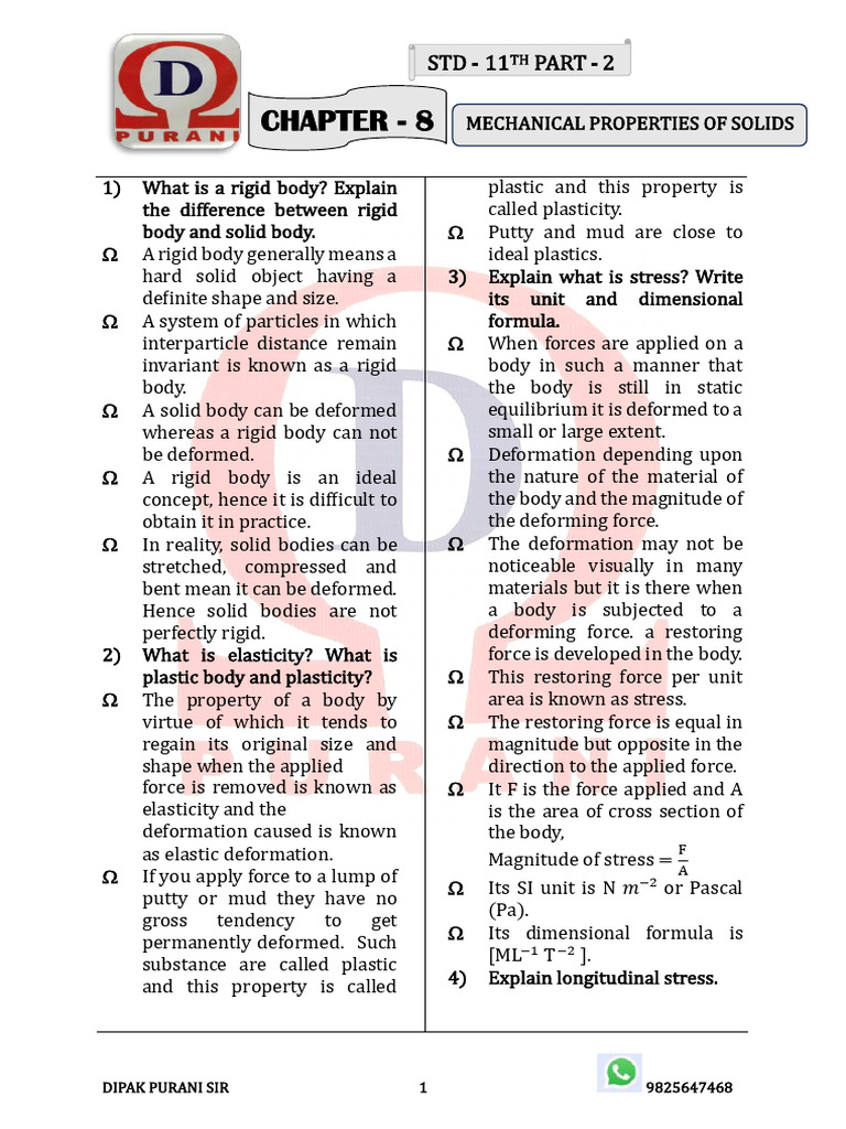 11th Physics Ch-8 Eng | PDF | Deformation (Engineering) | Young's Modulus