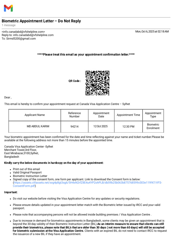 Gmail - Biometric Appointment Letter – Do Not Reply (4) | PDF | Travel Visa | Government And ...
