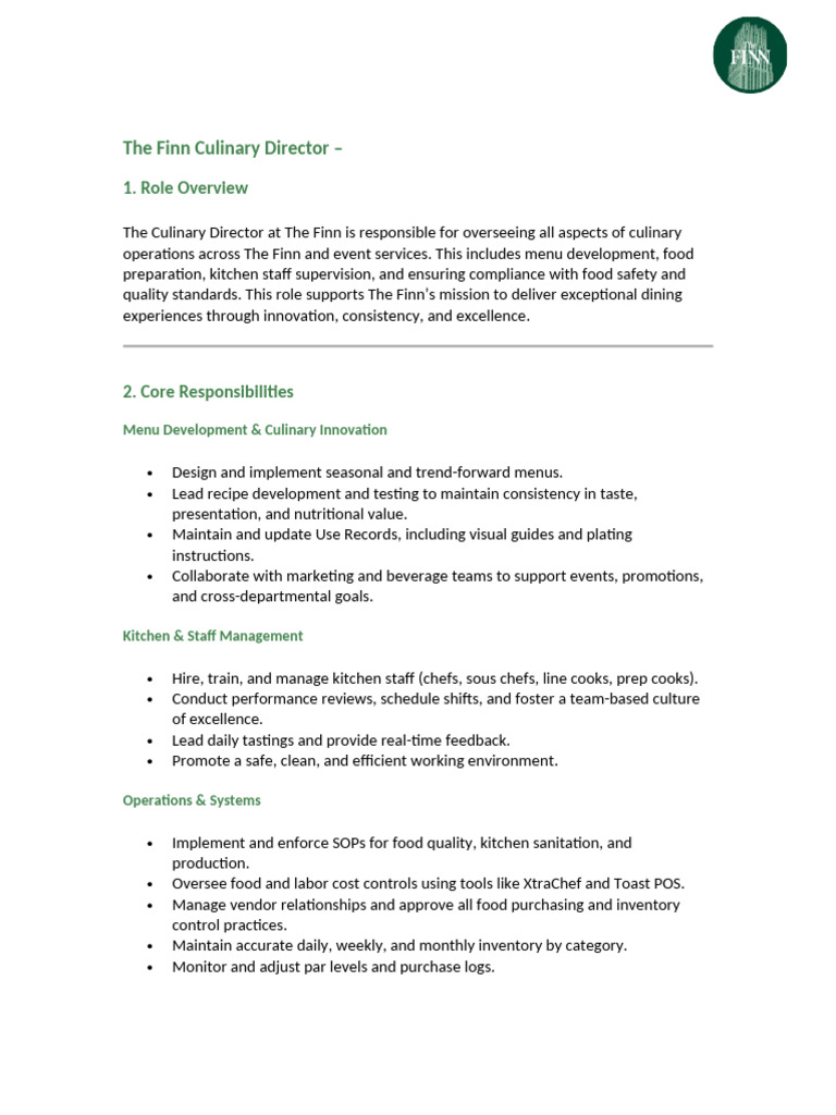The Finn Culinary Director SOP | PDF | Chef | Menu