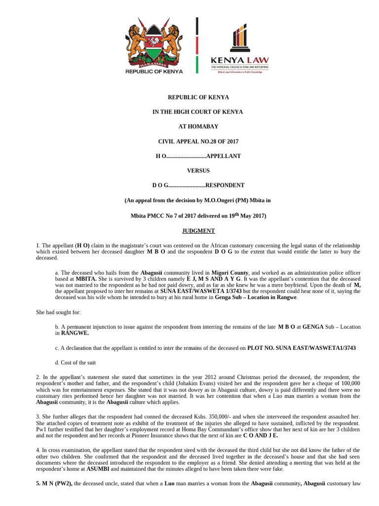 Hellen Omwoyo V David Ouma Gor 2017KEHC10131 (KLR) | PDF | Lawsuit ...